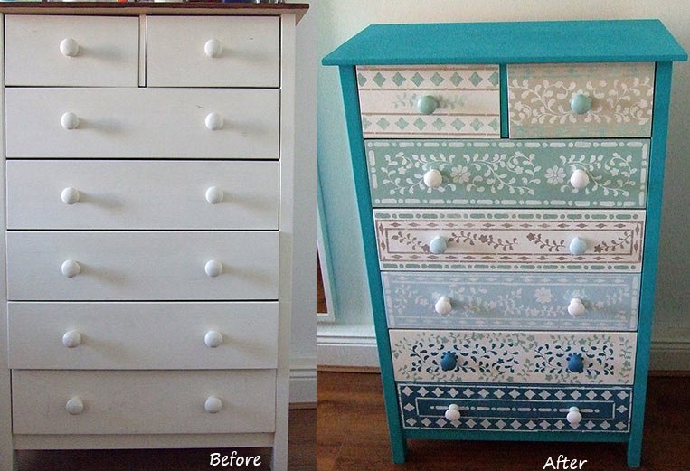 Upcycled chest of drawers before and after store